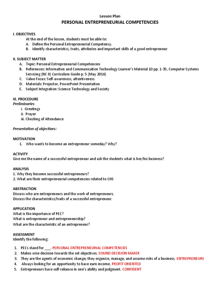 Lesson Plan PECS | PDF | Entrepreneurship | Communication