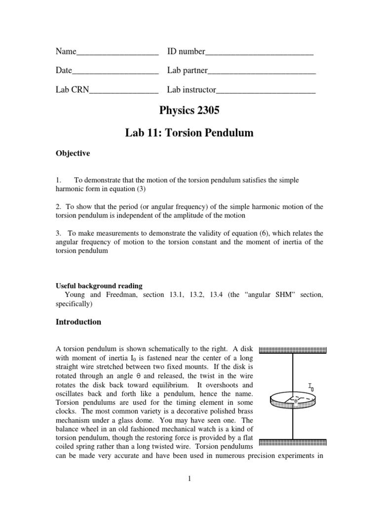 Physics 2305 Lab 11: Torsion Pendulum | PDF | Pendulum | Rotation Around A Fixed Axis