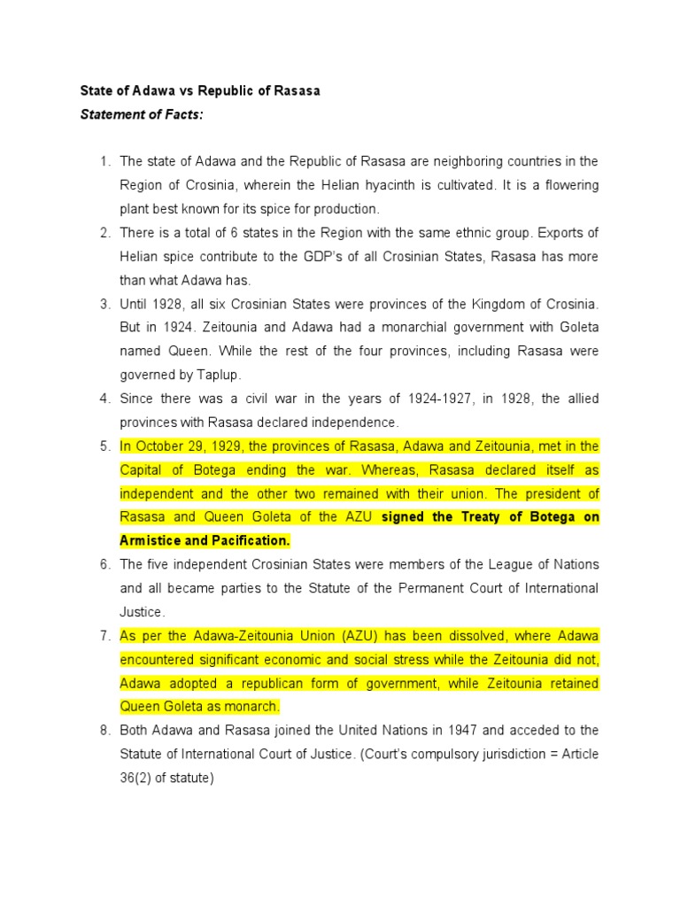 Statement of Facts:: State of Adawa Vs Republic of Rasasa | PDF ...