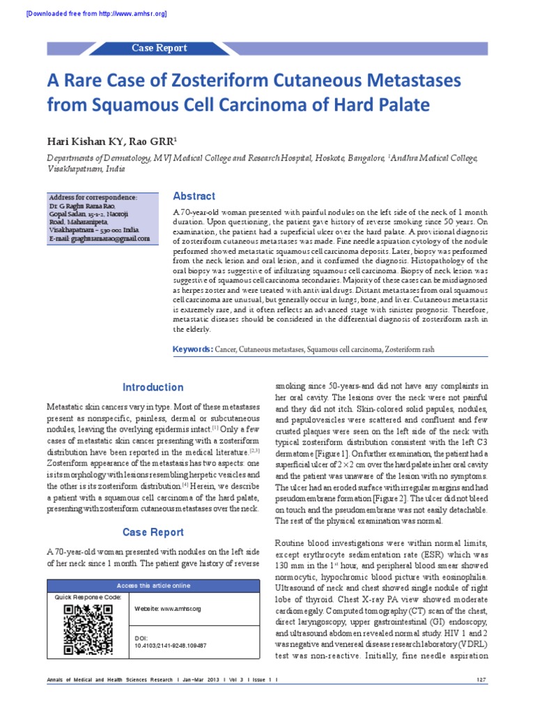 Rare Case of Zosteriform Metastases from Hard Palate Cancer | PDF ...