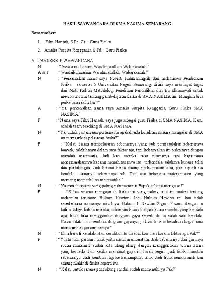 Hasil Wawancara Di Sma Nasima Semarang | PDF