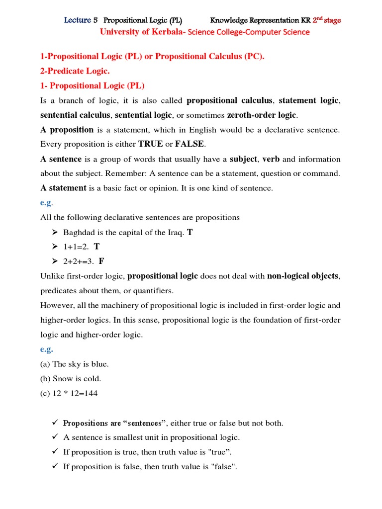 Lecture 5 Propositional Logic (PL) | PDF | Logic | Proposition