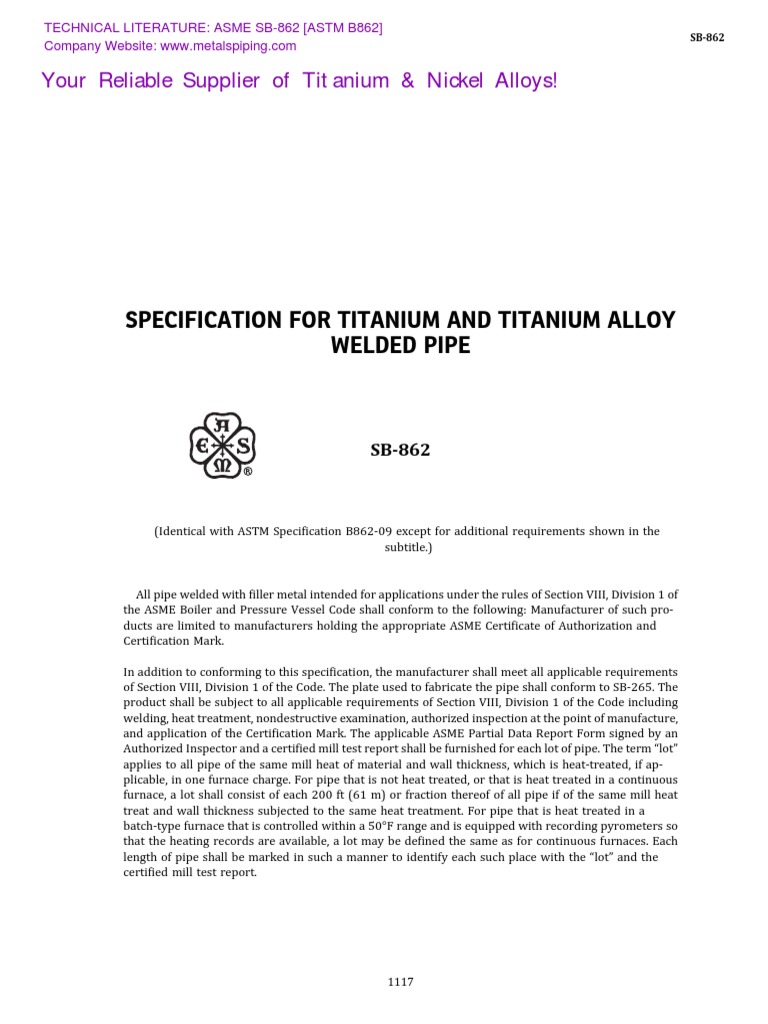 Asme SB 862 Astm b862 PDF | PDF | Titanium | Pipe (Fluid Conveyance)