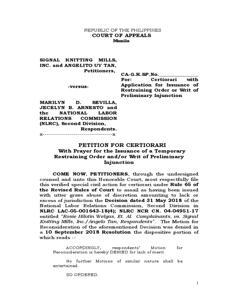 Certiorari 1, Skmi vs. Arnesto, Sevilla, NLRC | PDF | Injunction ...