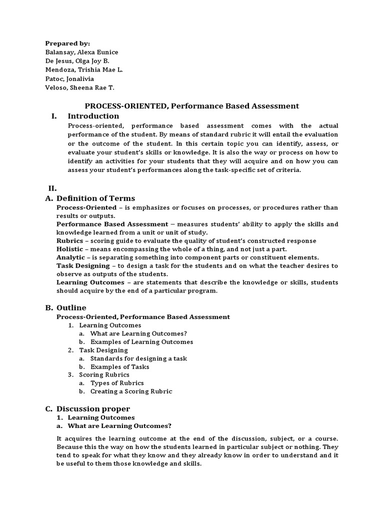 PROCESS-ORIENTED, Performance Based Assessment I | PDF | Rubric ...