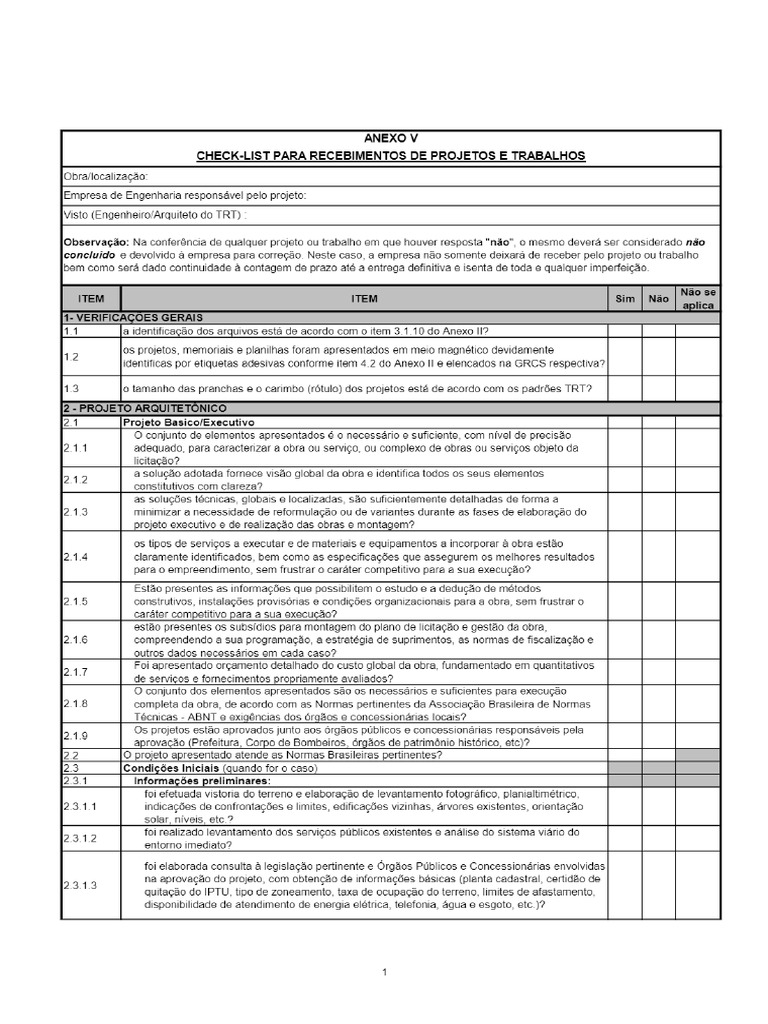 ANEXO V CHECK-LIST PARA RECEBIMENTOS DE PROJETOS E TRABALHOS - PDF ...