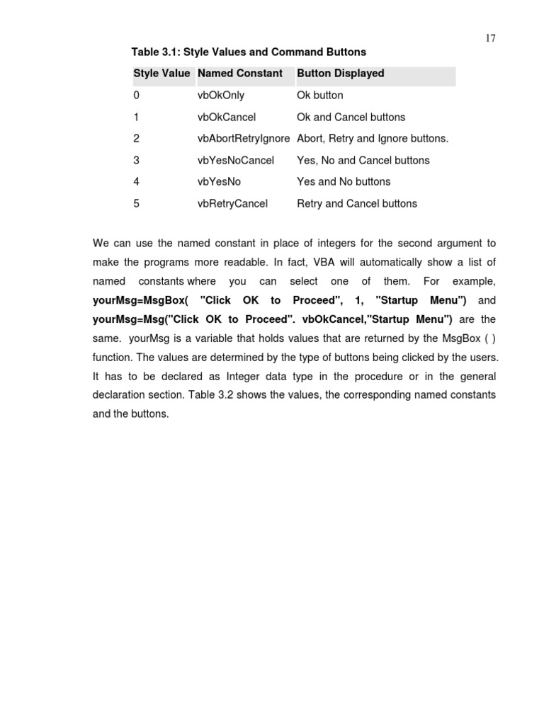 Button Styles and Return Values for Message Boxes in VBA | PDF