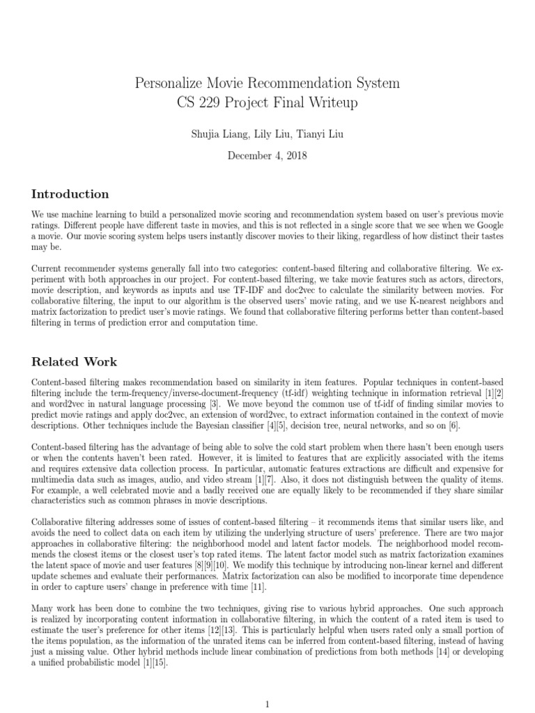 Personalize Movie Recommendation System CS 229 Project Final Writeup | PDF | Applied Mathematics ...
