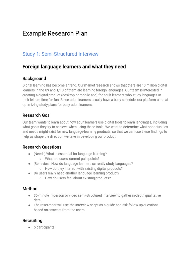 Example Research Plan: Study 1: Semi-Structured Interview | PDF ...
