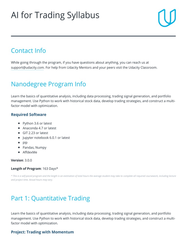 Ai For Trading Syllabus Contact Info Pdf Stock Market Index Deep