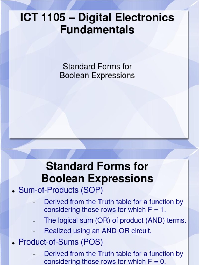 ICT 1105 - Digital Electronics Fundamentals: Standard Forms For Boolean ...