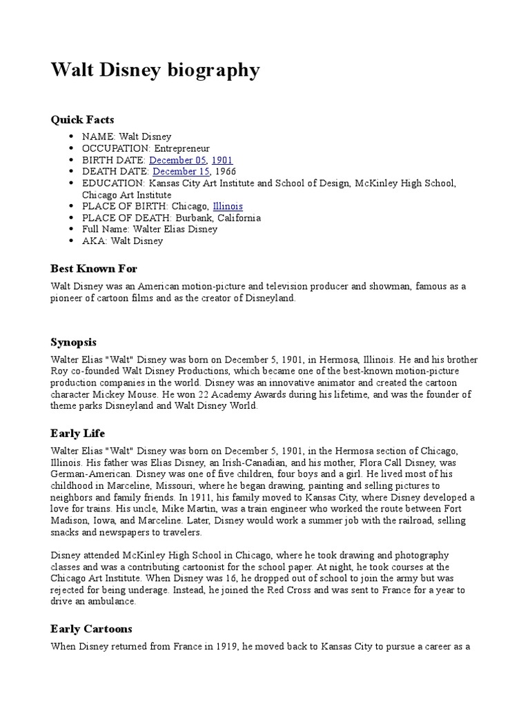 Walt Disney Biography: Quick Facts | PDF | Walt Disney | The Walt ...