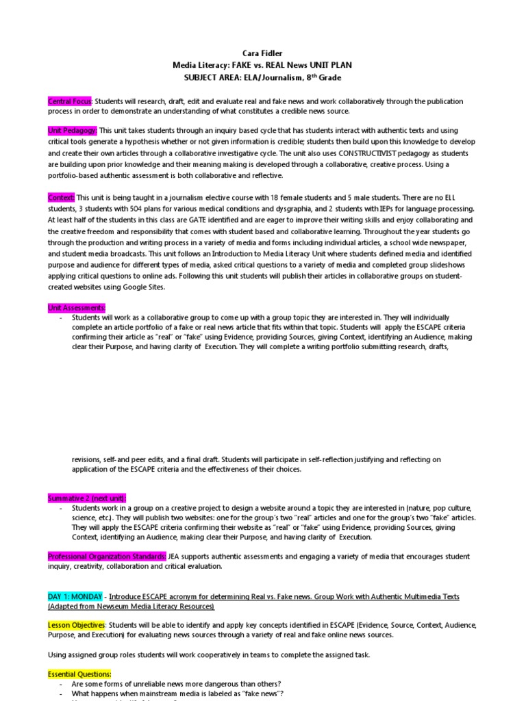 Media Literacy Unit - Fake - VS - Real - News | PDF | Educational ...