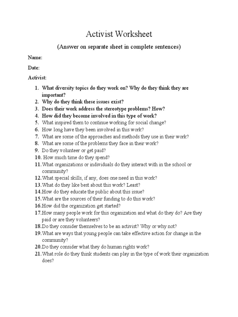 Activist Worksheet: (Answer On Separate Sheet in Complete Sentences ...