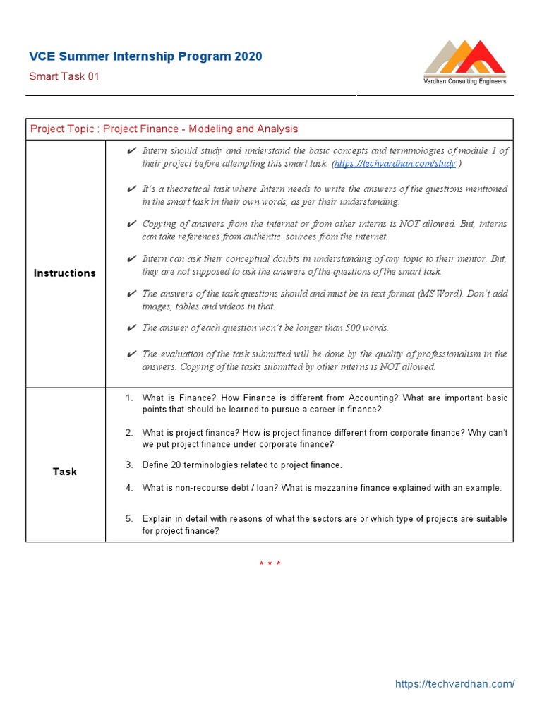 VCE Summer Internship Program 2020: Project Topic: Project Finance ...