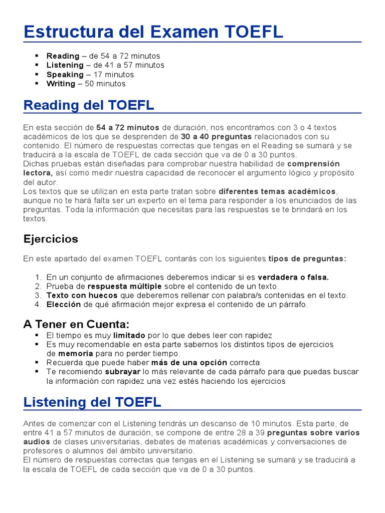 Estructura Del Examen TOEFL | PDF | Prueba (evaluación) | Información