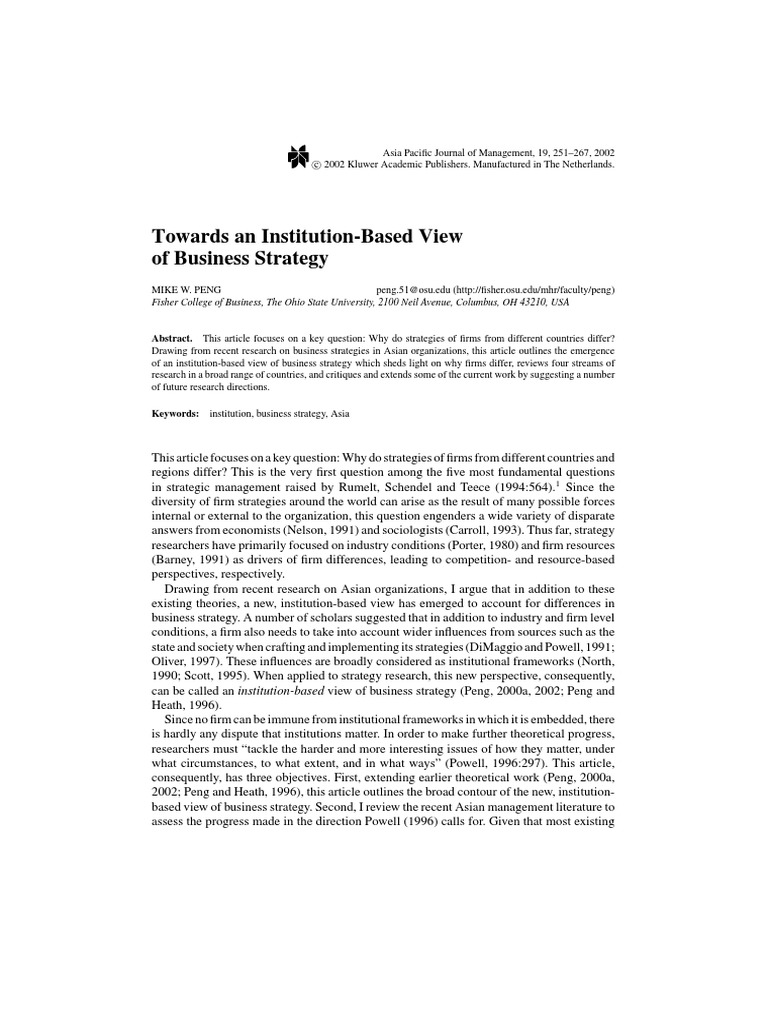 Peng (2002) Towards An Institution-Based View PDF | PDF | Strategic ...