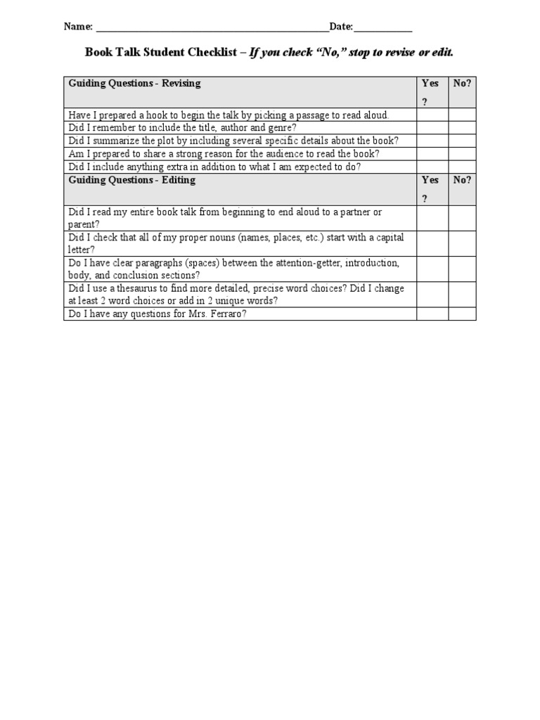 Book Talk Student Checklist - If You Check "No," Stop To Revise or Edit ...
