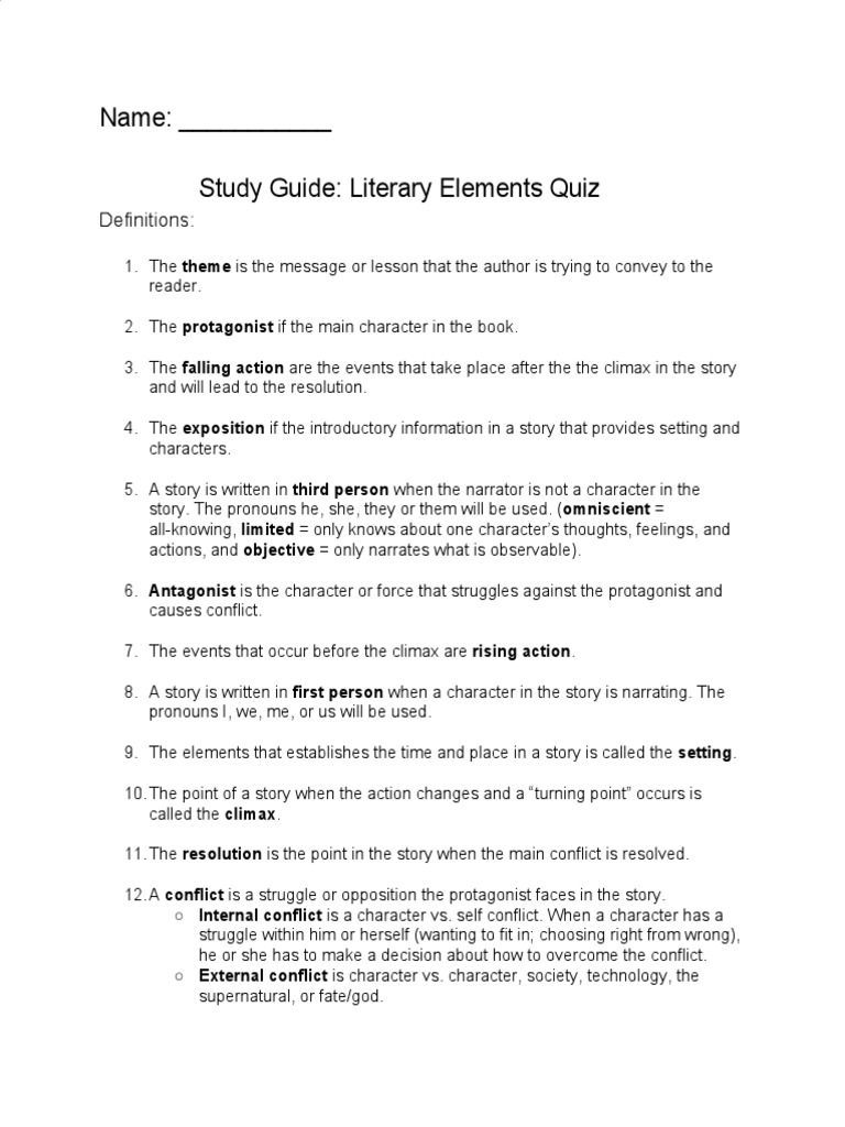 Study Guide - Literary Elements Quiz PDF | PDF | General Fiction