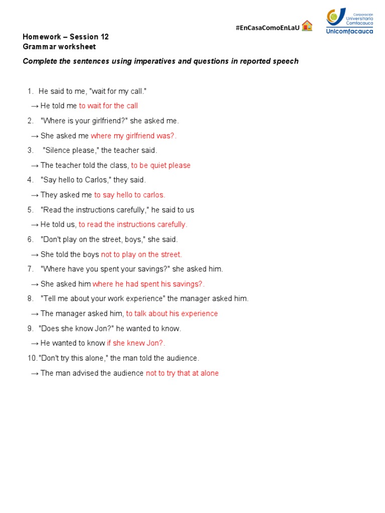 Complete The Sentences Using Imperatives and Questions in Reported ...