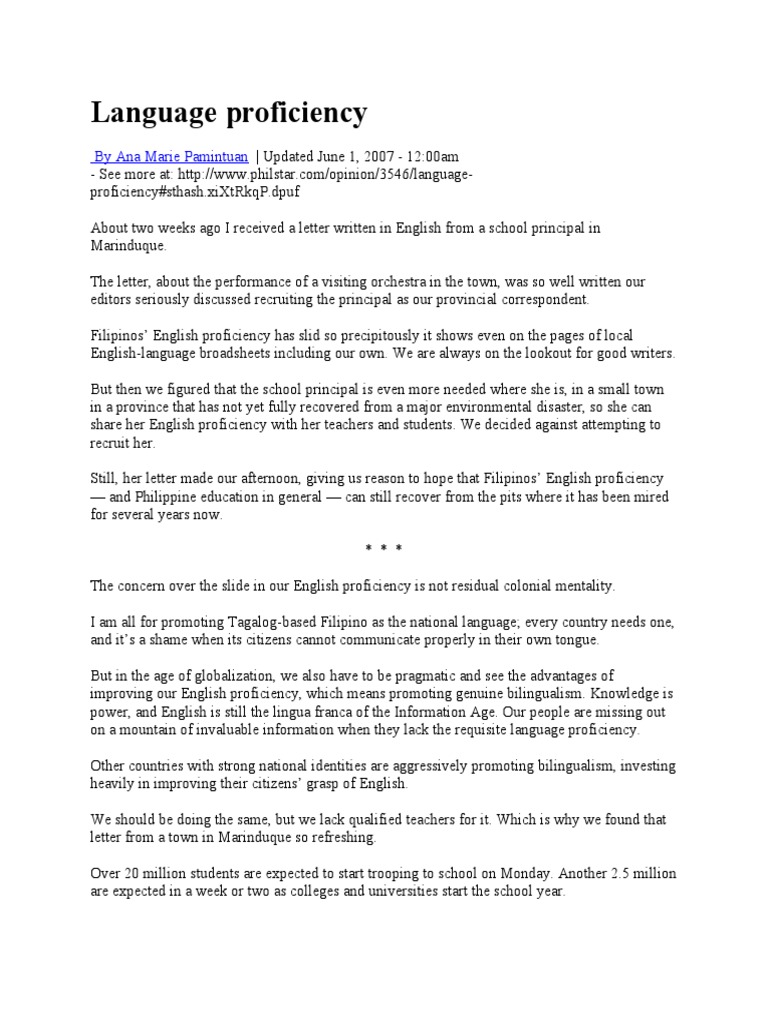 Language Proficiency: by Ana Marie Pamintuan | PDF | Schools | English ...