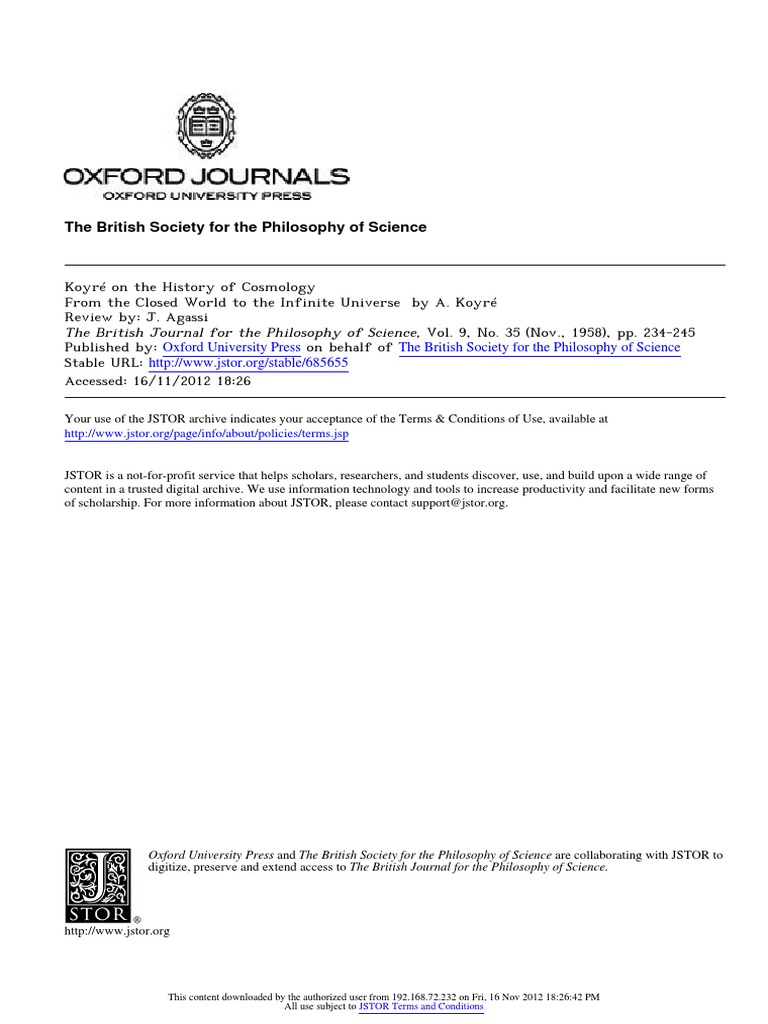 AGASSI, Joseph - Koyré On The History of Cosmology | PDF | Science | Information Science