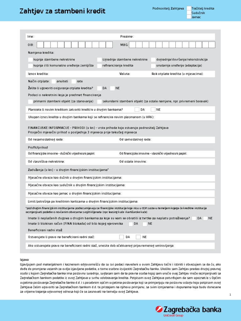 Zahtjev Za Stambeni Kredit 1.7.2020 | PDF