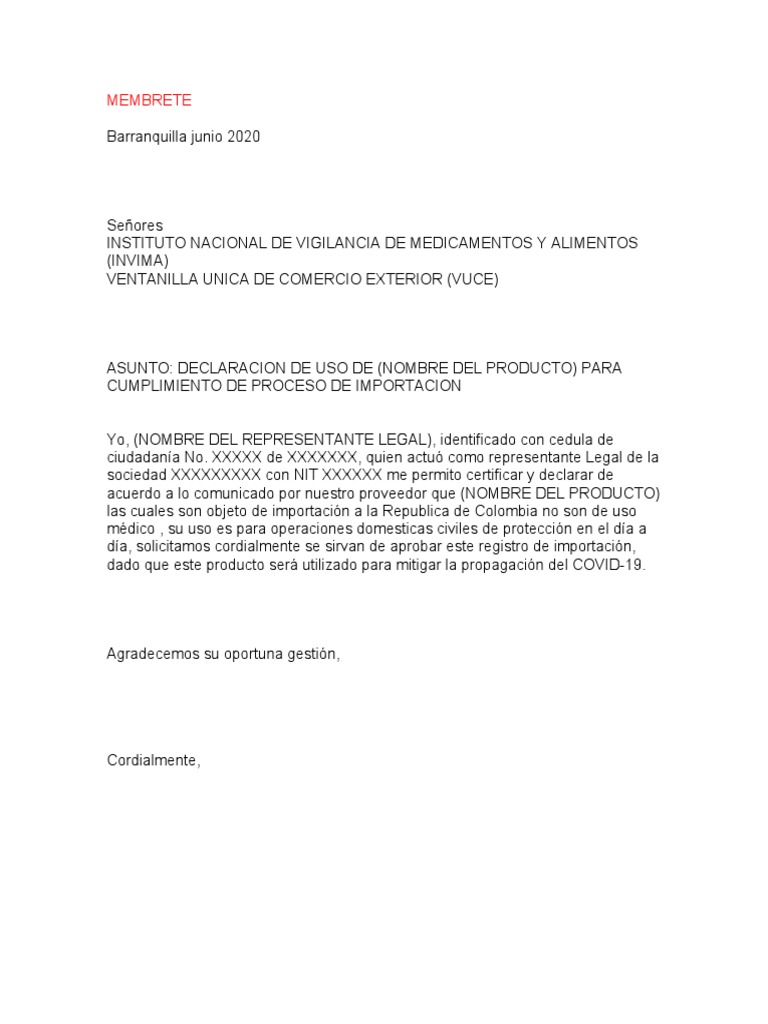 CARTA PARA VoBo INVIMA | PDF