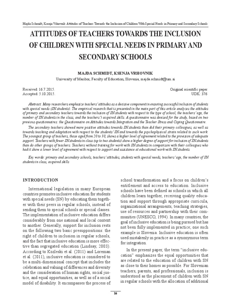 Attitudes of Teachers Towards The Inclusion of Children With Special Needs in Primary and ...