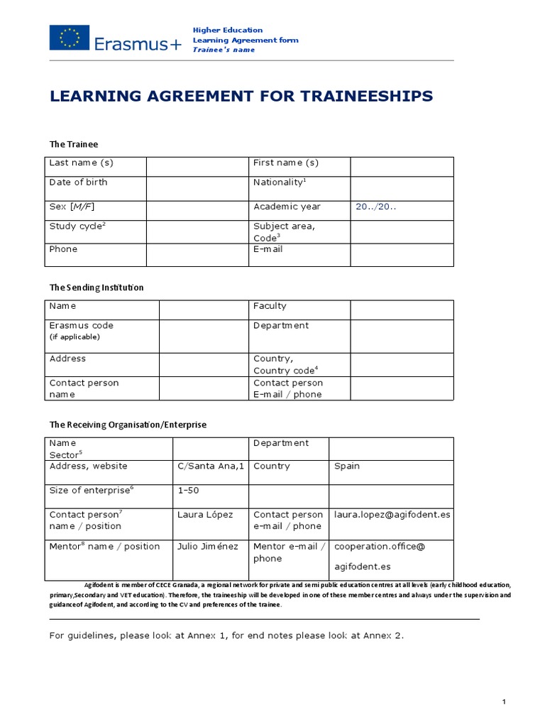 Learning Agreement For Traineeships: The Trainee | PDF | Educational ...