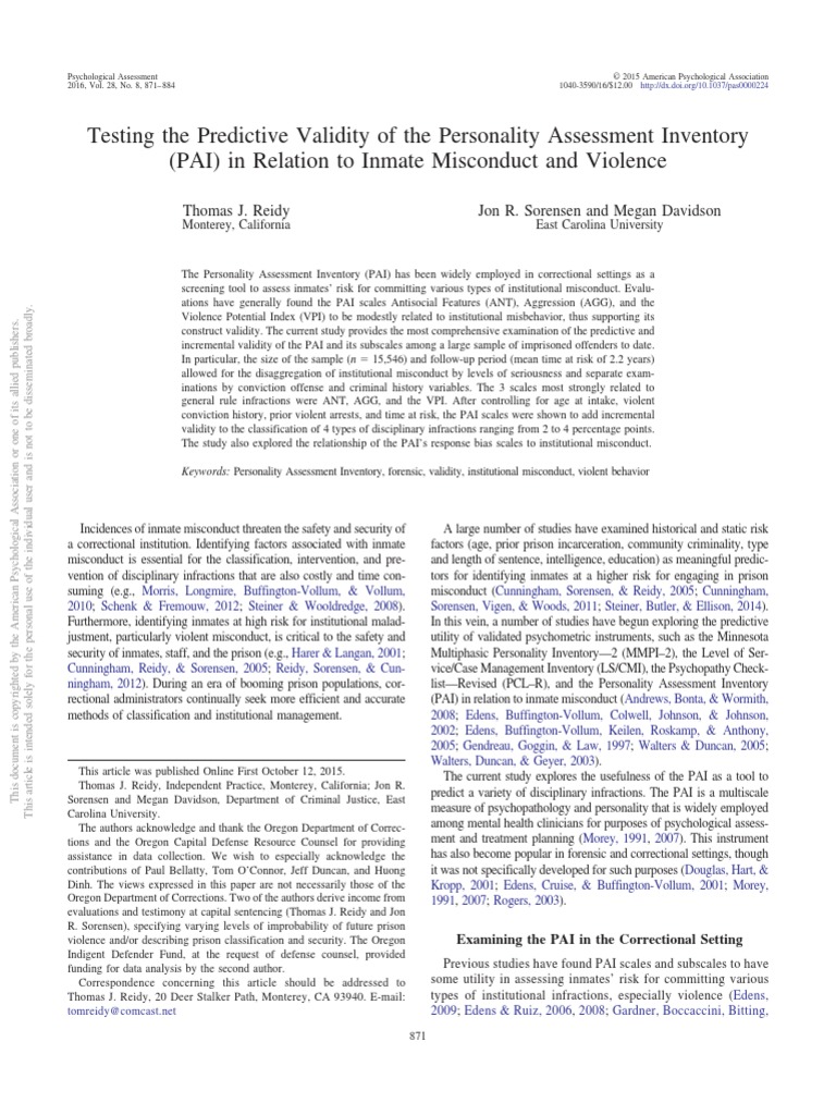 Testing The Predictive Validity of The Personality Assessment Inventory ...
