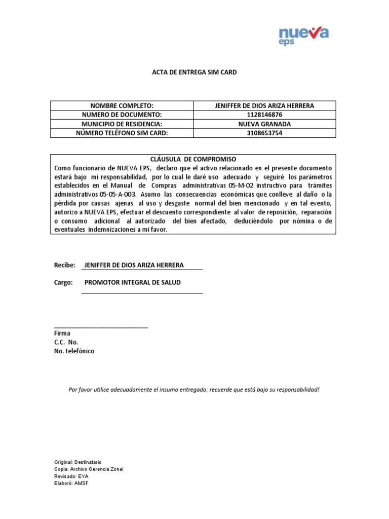 Acta de Entrega Sim Card Jennifer Ariza | PDF