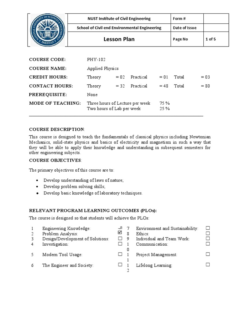 Lesson Plan: Course Code: Course Name: Credit Hours: Contact Hours: Prerequisite: Mode of ...