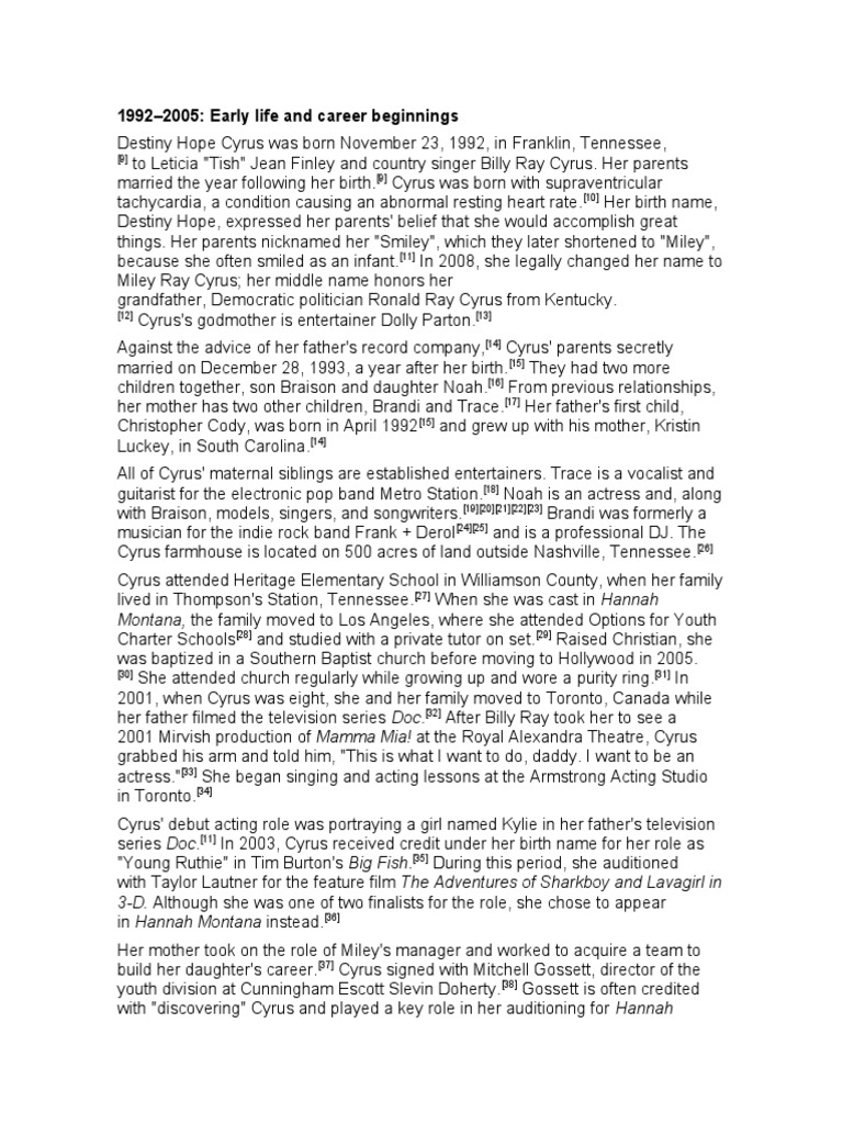 Early life and career beginnings of Miley Cyrus (1992–2005 | PDF ...