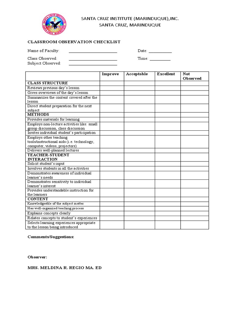 Classroom Observation Checklist | PDF
