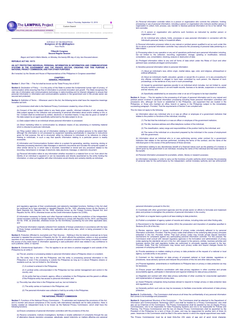 Republic Act No. 10173 DATA PRIVACY ACT | PDF | Information Privacy ...