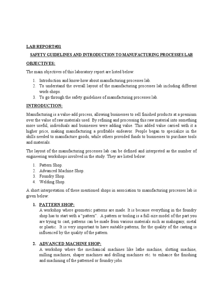 Lab Report#01: Safety Guidelines and Introduction To Manufacturing ...