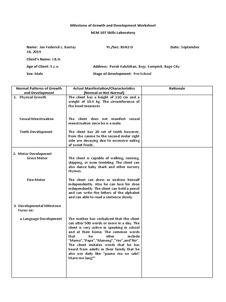 Milestone of Growth and Development Worksheet Blank | PDF | Prayer ...
