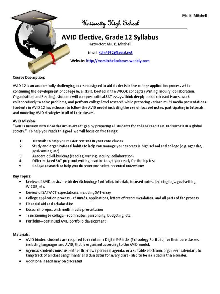 2020-21 Mitchell Avid 12 Syllabus | PDF | Sat | Goal Setting