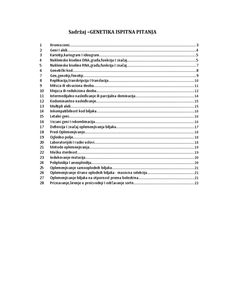 Genetika Ispitna Pitanja | PDF