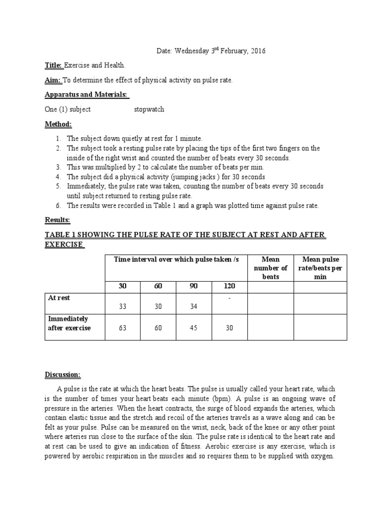Biology Lab - Effect of Exercise | PDF | Heart Rate | Pulse