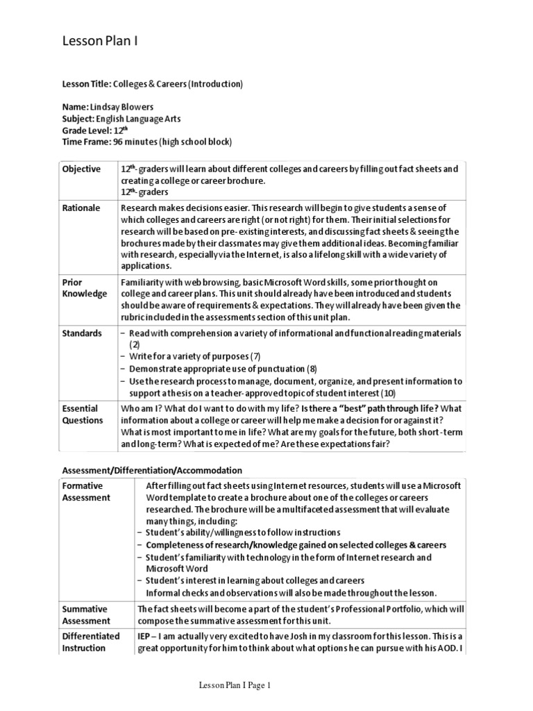 Colleges and Careers: Lesson Plan I | PDF | Educational Assessment ...