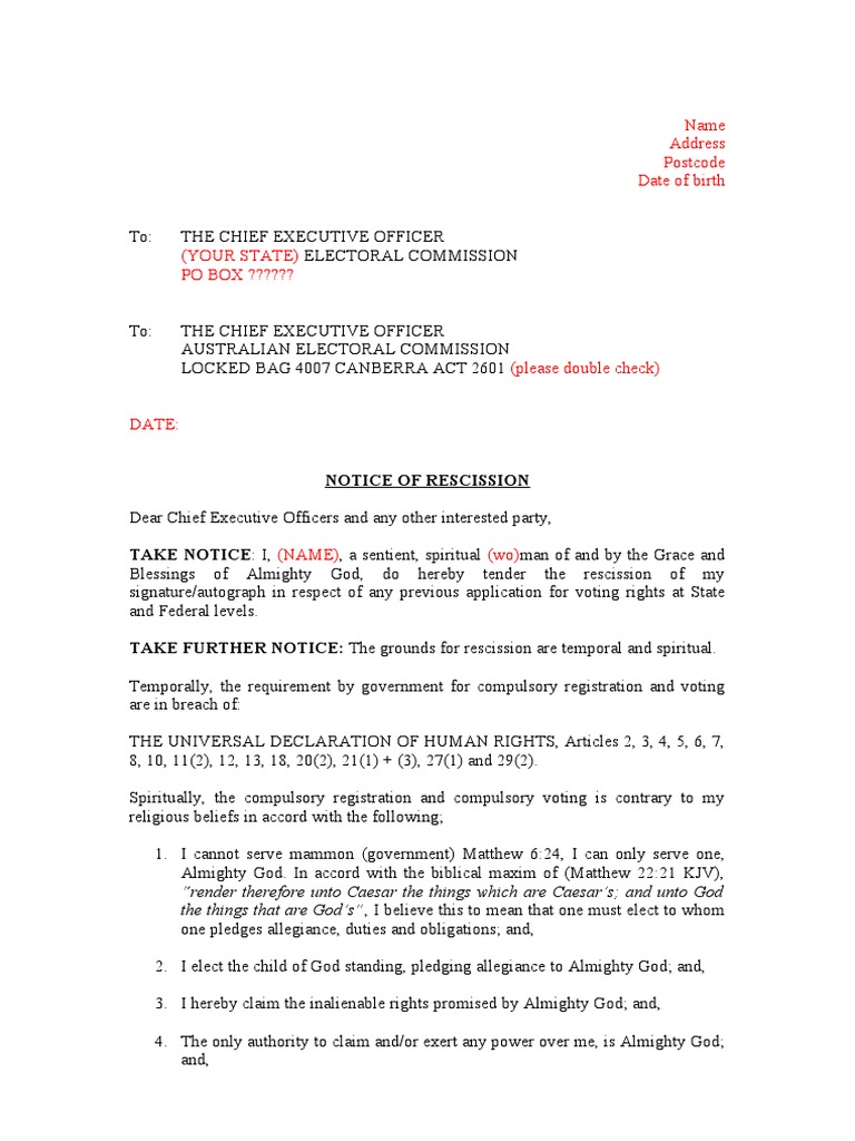 Rescission of Name From Electoral Role 14.8.09 (Sanitised) | PDF ...