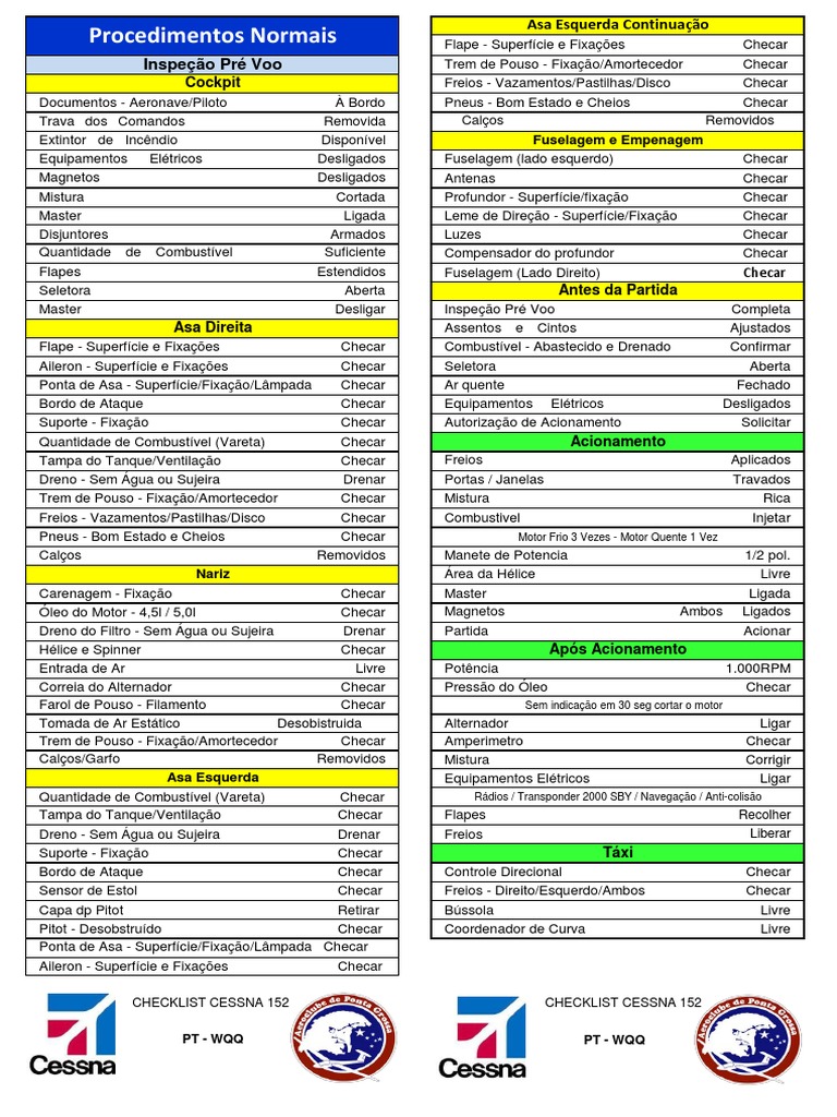 Checklist Cessna 152: Inspeção Pré-Voo | PDF | Trem de pouso | Flap ...