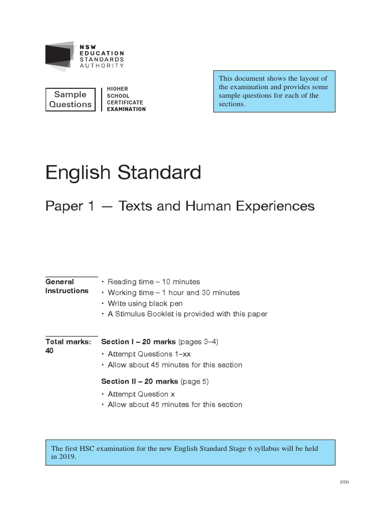Sample Questions New HSC English STD Paper 1 Exam 2019 | PDF | Test ...