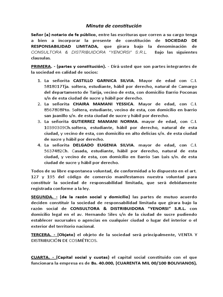 Minuta de Constitucion de La Sociedad Comercial | PDF | Dividendo | Gobierno