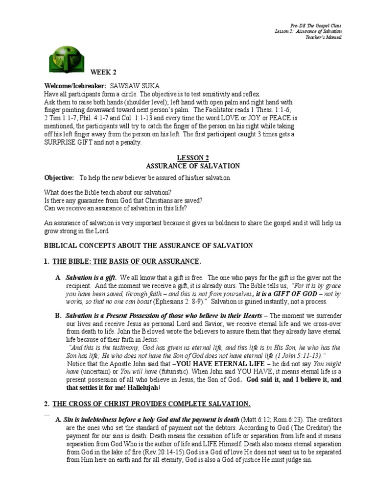 Pre-DE The Gospel Class Lesson 2: Assurance of Salvation Teacher's ... Pre-DE The Gospel Class Lesson 2: Assurance of Salvation Teacher's ...