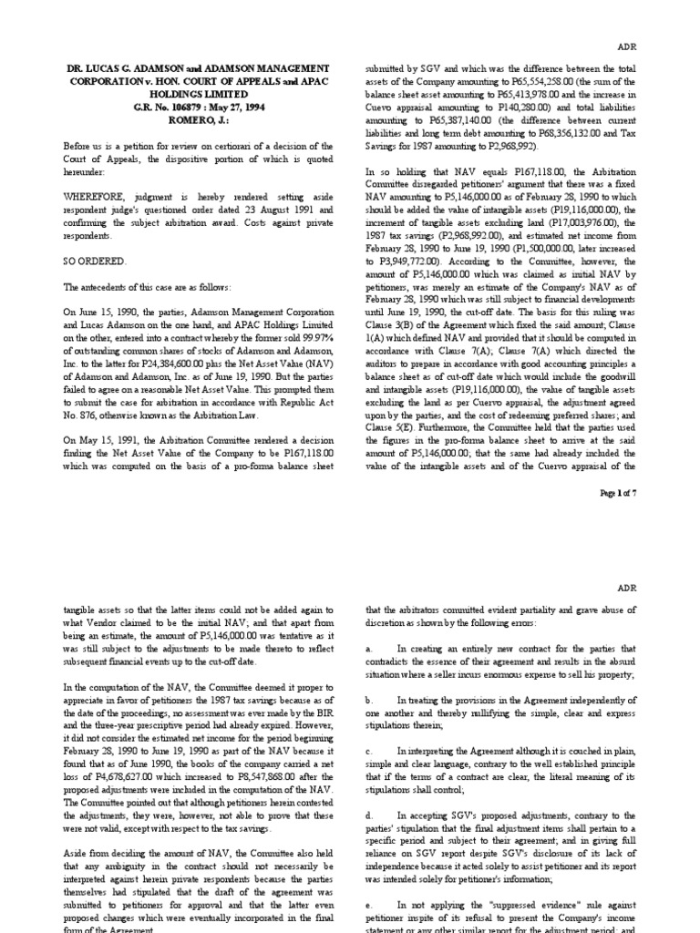 ADR - Adamson v. CA | PDF | Arbitration | Balance Sheet