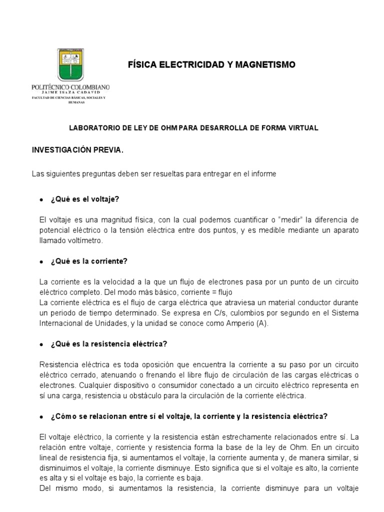 Laboratorio De Ley De Ohm 2020 1 Pdf Corriente Eléctrica 2941
