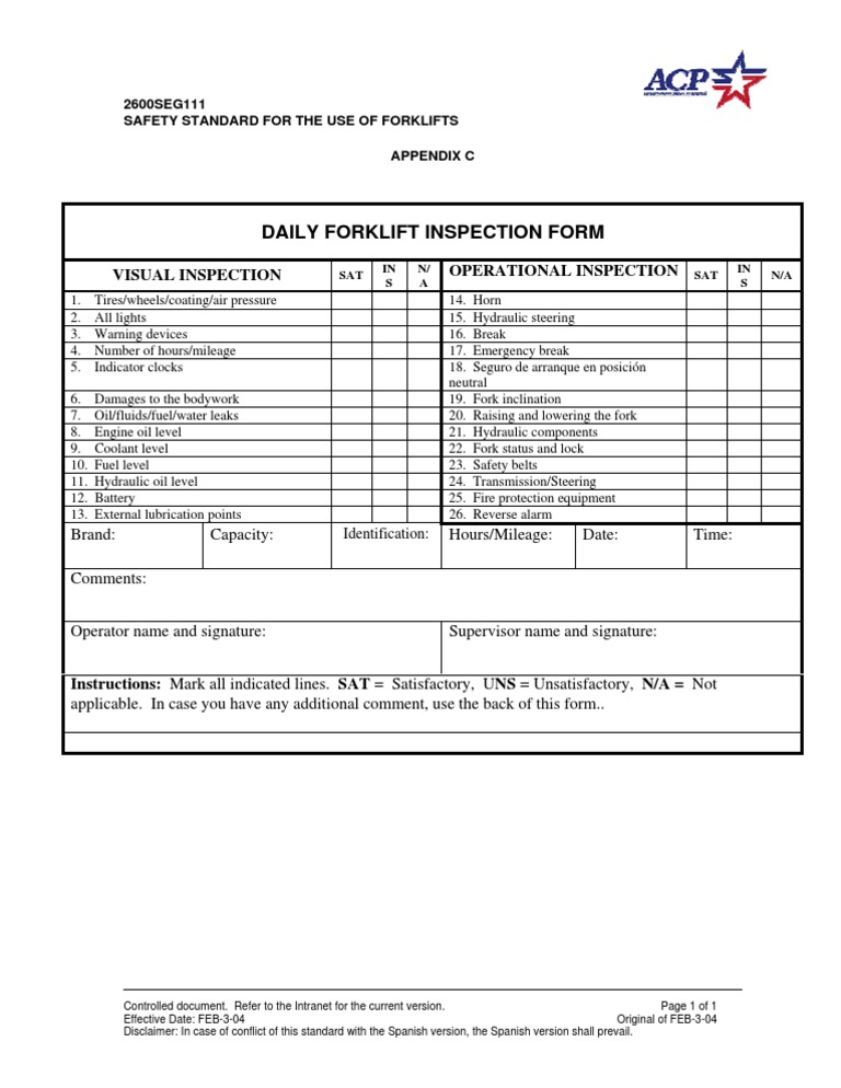 Forklift Daily Checksheet. | PDF | Forklift | Car